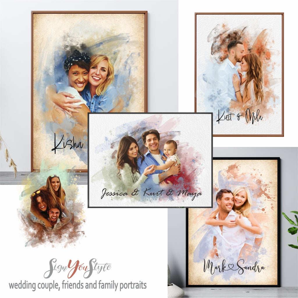 Wedding couple, friends and family portraits on canvas, poster, digita ...