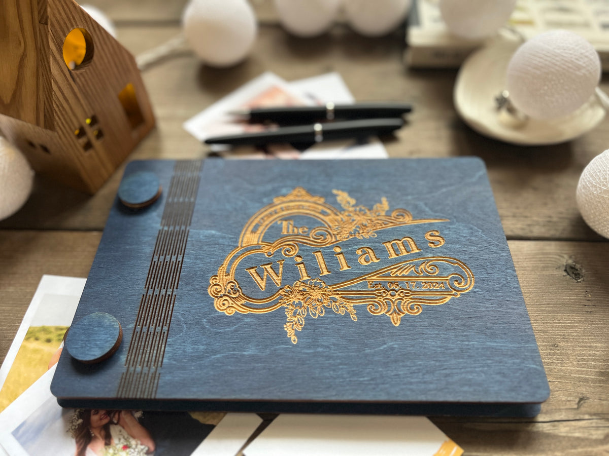Navy blue couple adventure book, custom engraved wedding guest book, p ...
