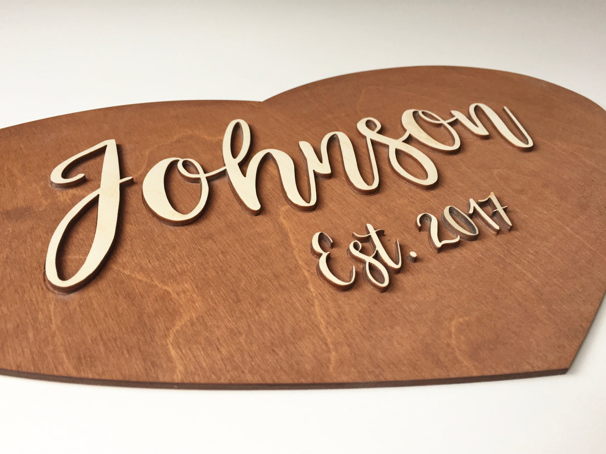 Wood 3D family name sign with personalized last name and established y ...